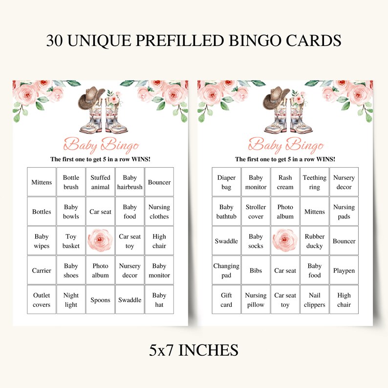 30 Printable Prefilled Baby Shower Bingo Cards, Cowgirl Baby Shower ...