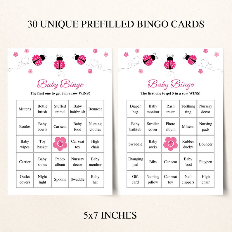 30 tarjetas de bingo imprimibles para baby shower de mariquita rosa ...
