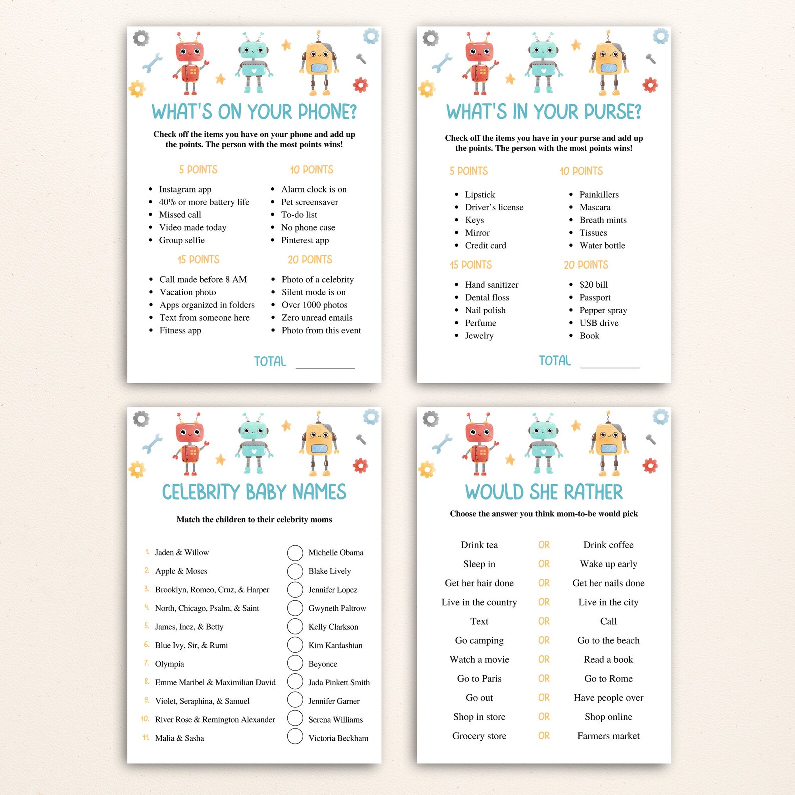 16 Printable Robot Baby Shower Games 5x7'' Boy Baby Shower Game Bundle ...