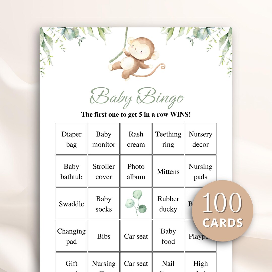 100 Printable Monkey Baby Shower Bingo Cards: Prefilled Gift Bingo ...