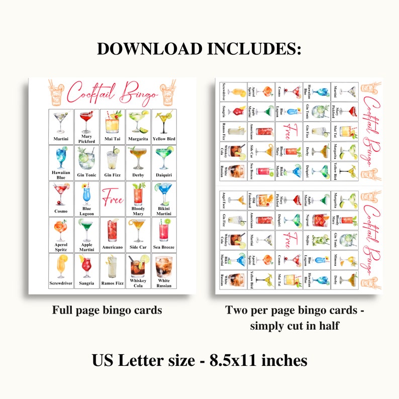 50 Printable Cocktail Bingo Cards Cocktail Themed Bingo Cards for A ...