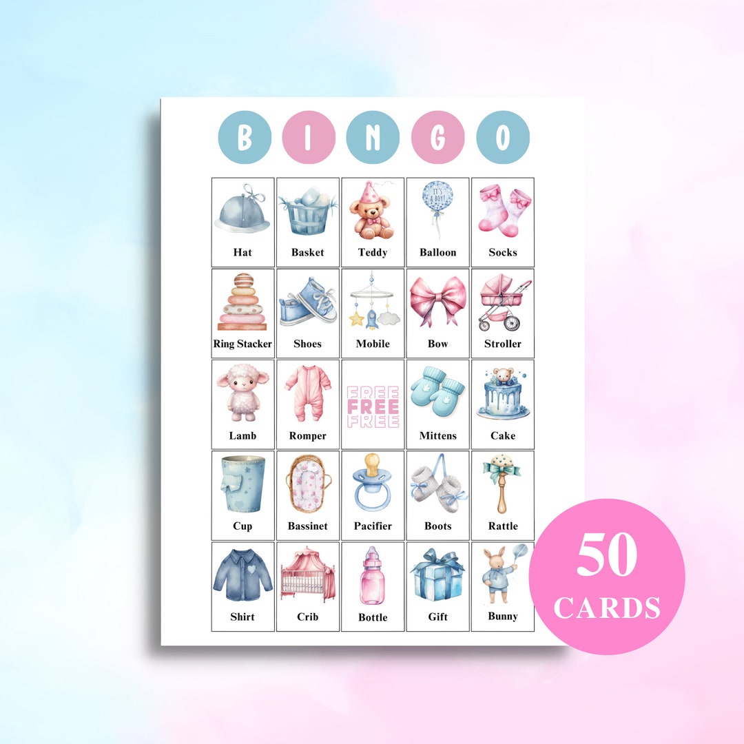 50 Printable Gender Reveal Bingo Cards: Pink and Blue Picture Bingo, 8 ...