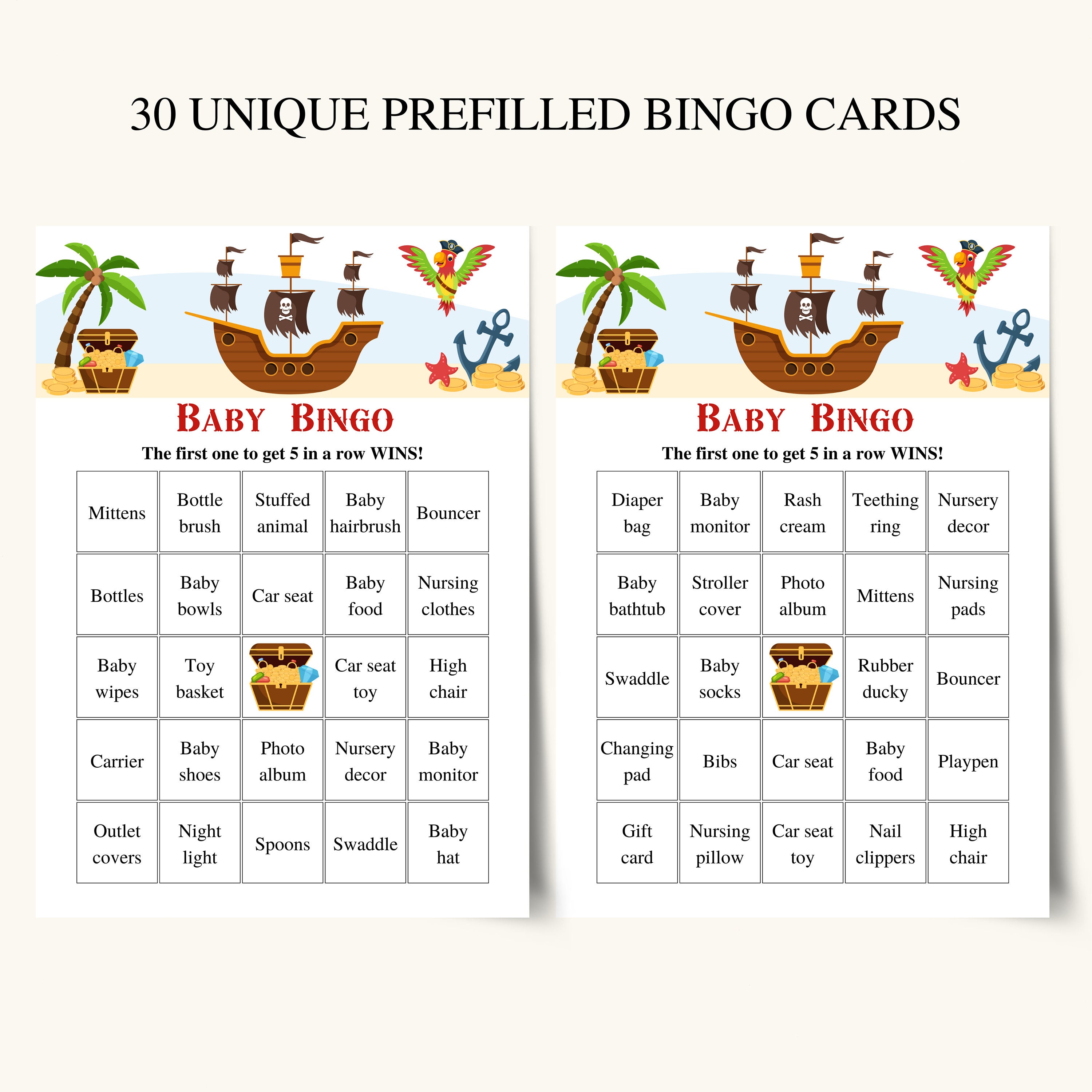 30 Printable Pirate Baby Shower Bingo Cards Ahoy Matey Baby - Etsy