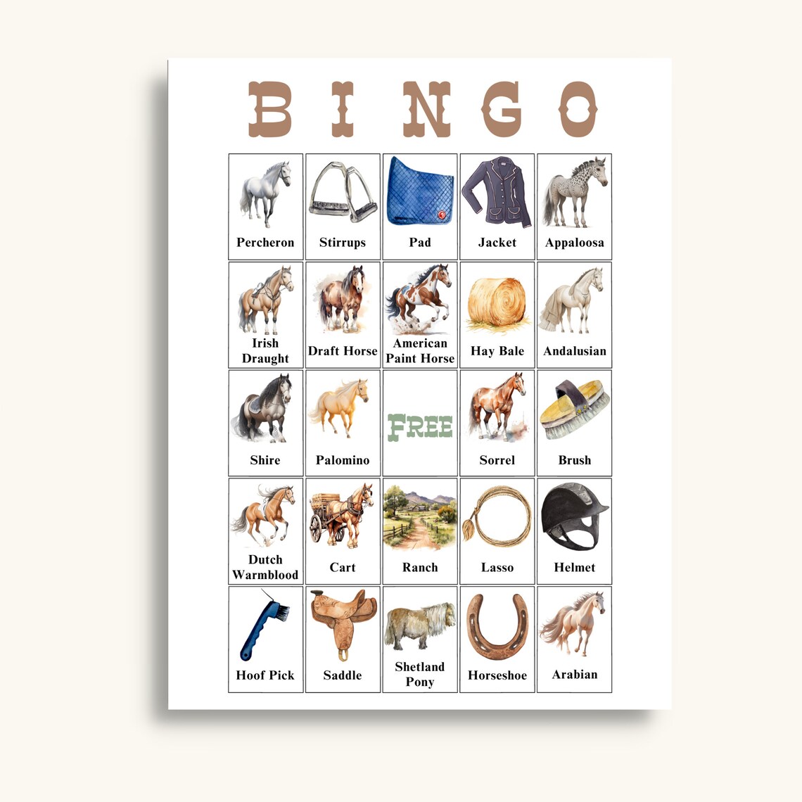 50 Printable Horse Picture Bingo Cards, Horse Themed Birthday Party ...