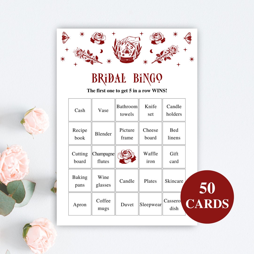 50 Printable Gothic Bridal Shower Bingo Cards, Prefilled Bridal Shower ...