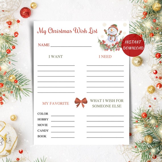 Printable Kids Christmas Wish List Full Page Printable | Etsy