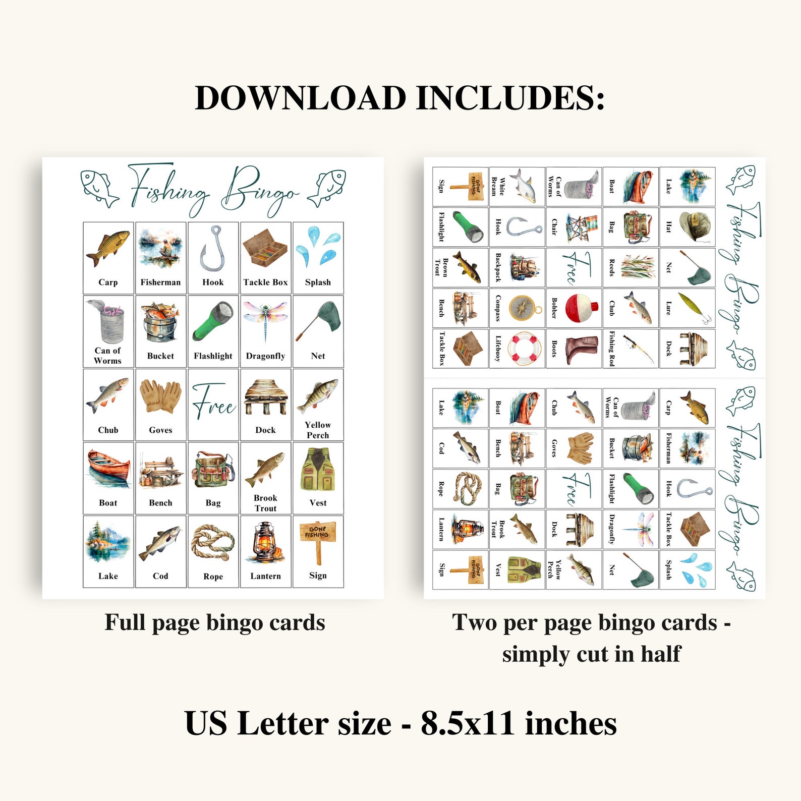50 Printable Fishing Picture Bingo Cards, Fishing Bingo Cards, Fishing ...