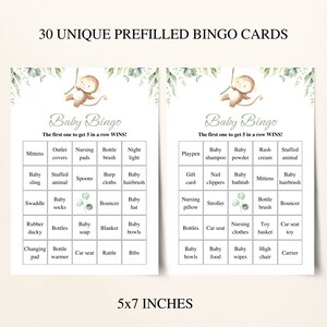30 Printable Monkey Baby Shower Bingo Cards | 5x7'' Prefilled Baby ...