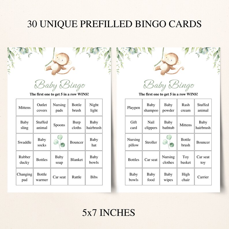 30 Printable Monkey Baby Shower Bingo Cards 5x7'' Prefilled Baby Bingo ...