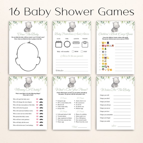 16 Printable Hippo Baby Shower Games Jungle Baby Shower Game - Etsy