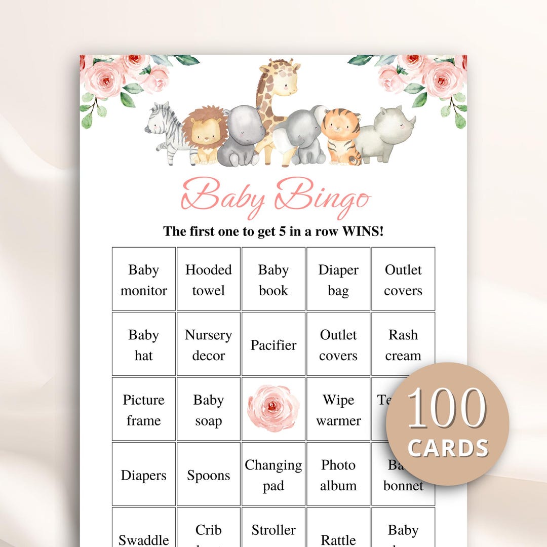100 Printable Floral Safari Baby Shower Bingo Cards, Prefilled Baby ...