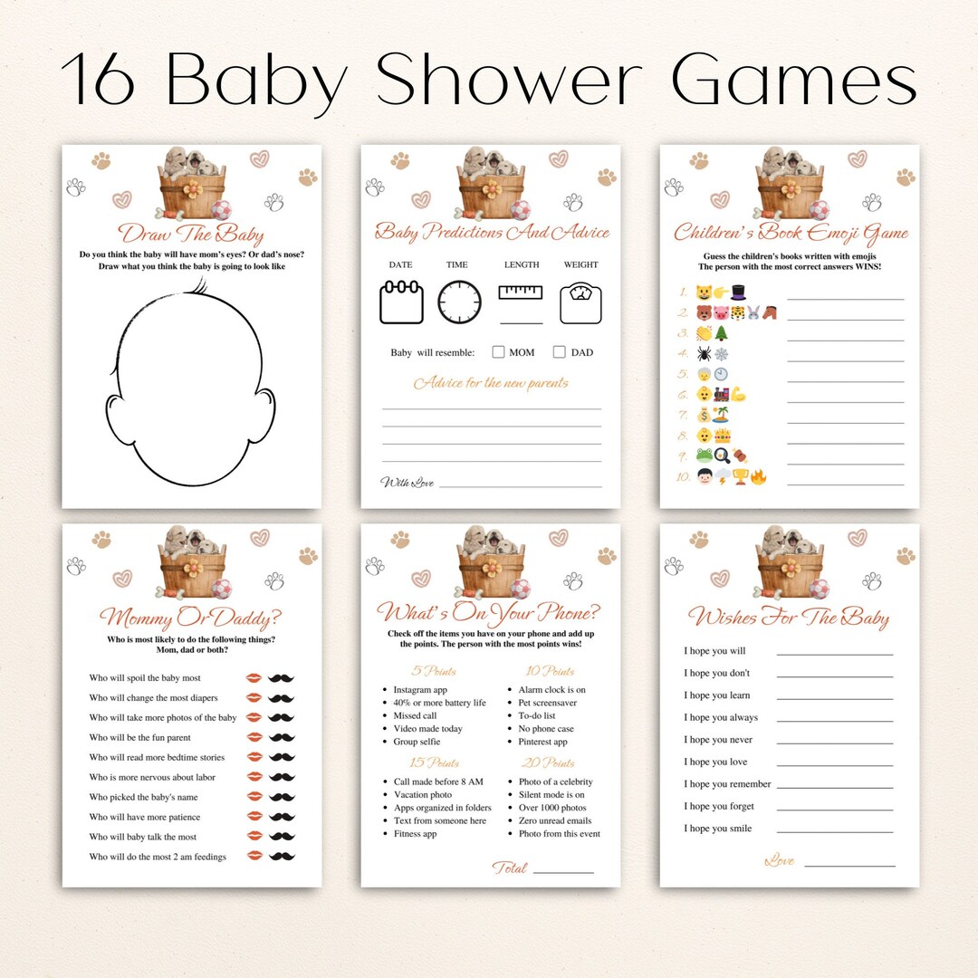 16 Printable Puppy Baby Shower Games Dog Themed Baby Shower Game Bundle ...