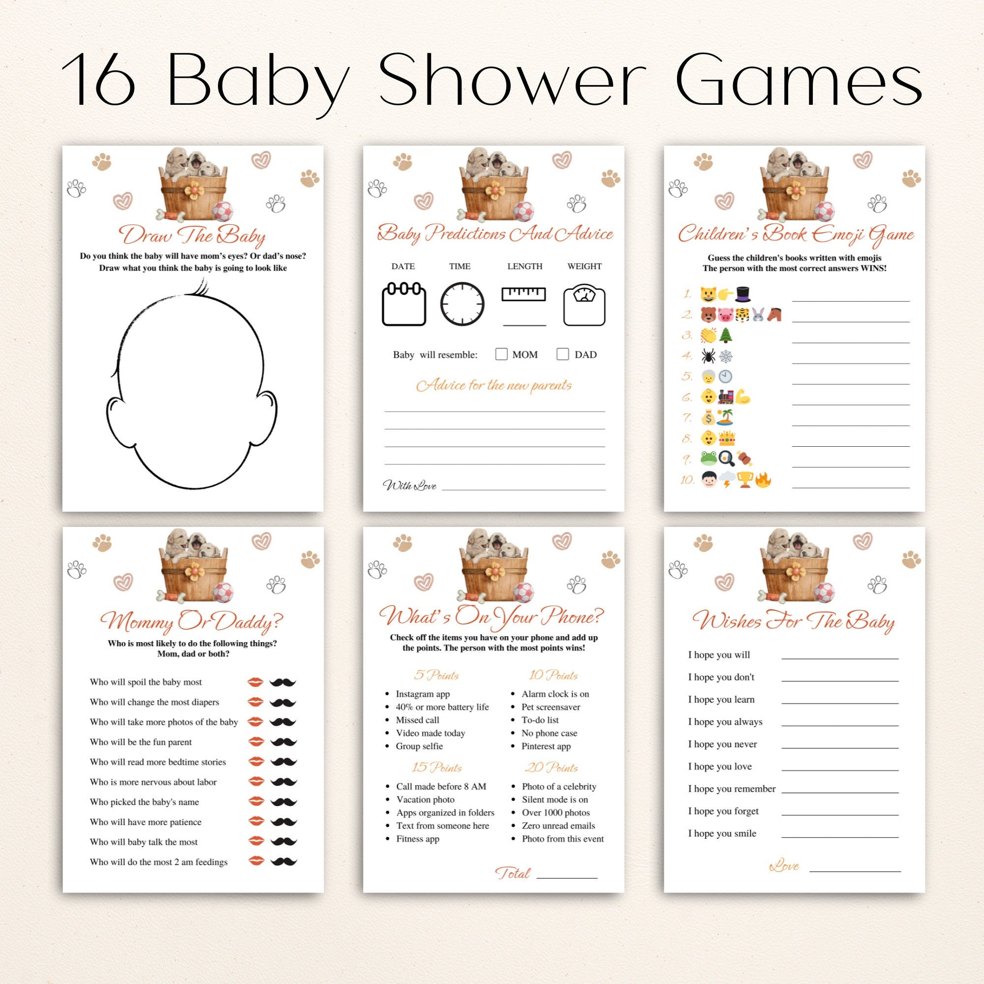 16 Printable Puppy Baby Shower Games Dog Themed Baby Shower Game Bundle ...