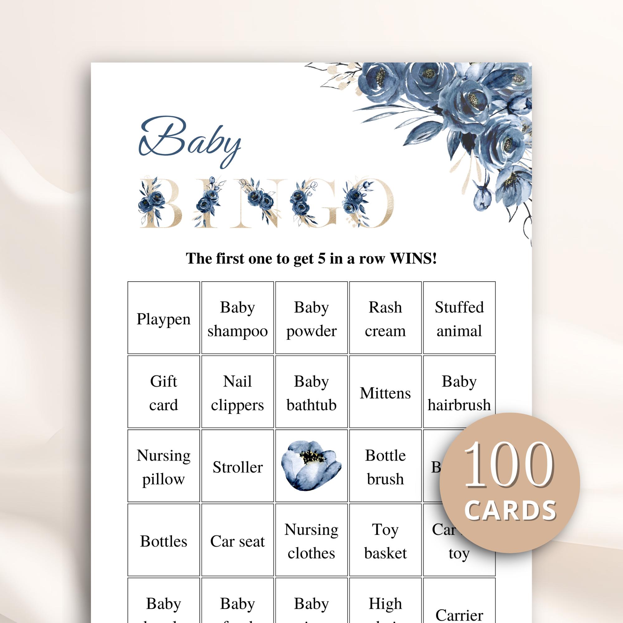 100 Printable Navy Blue Baby Shower Bingo Cards, Prefilled Baby Shower ...