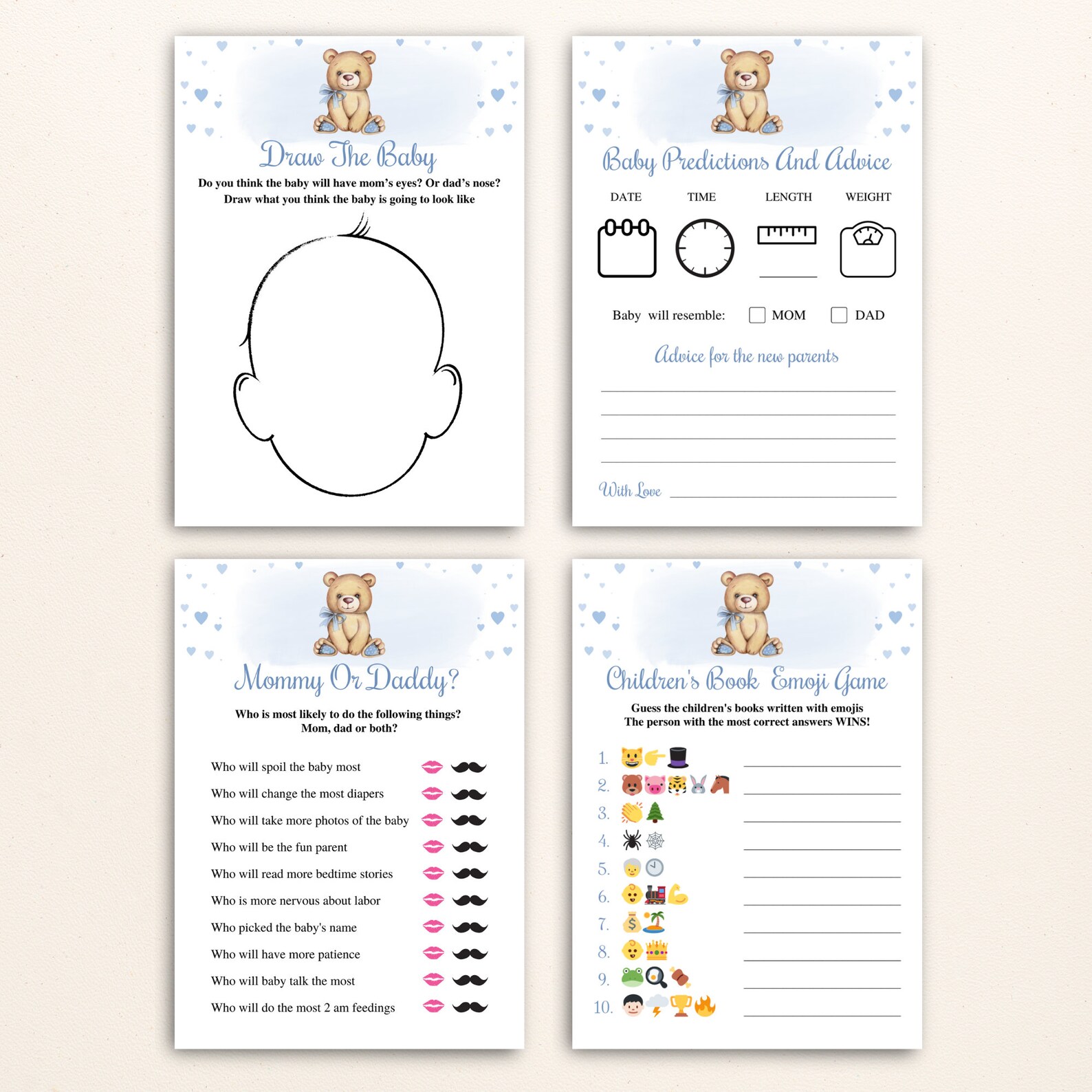 16 Printable Teddy Bear Baby Shower Games Blue Bear Baby Shower Games Boy Baby Sprinkle Games ...