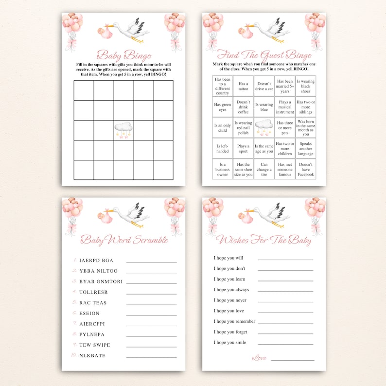 16 Printable Stork Baby Shower Games Pink Stork Theme Baby Shower Game ...