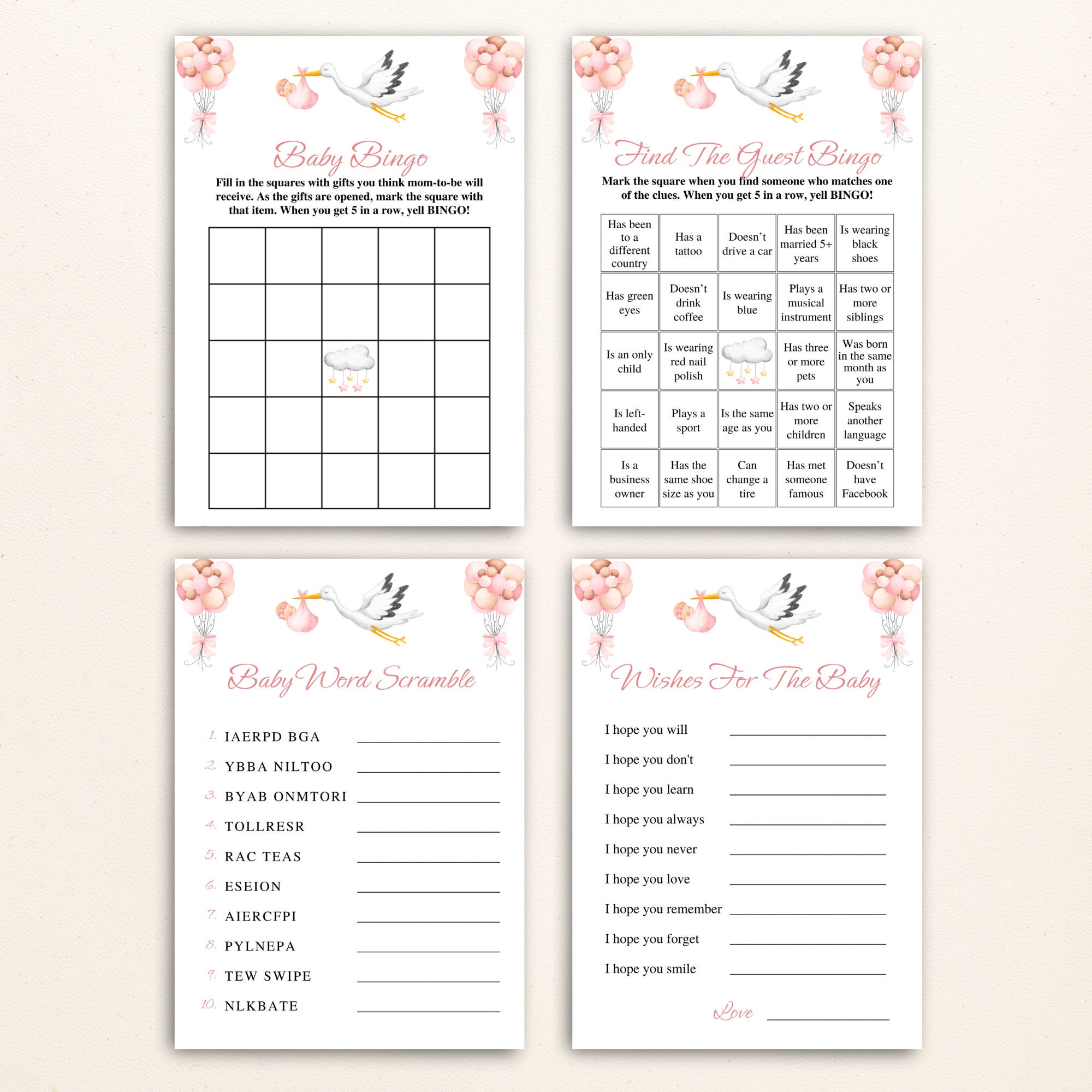 16 Printable Stork Baby Shower Games Pink Stork Theme Baby Shower Game ...