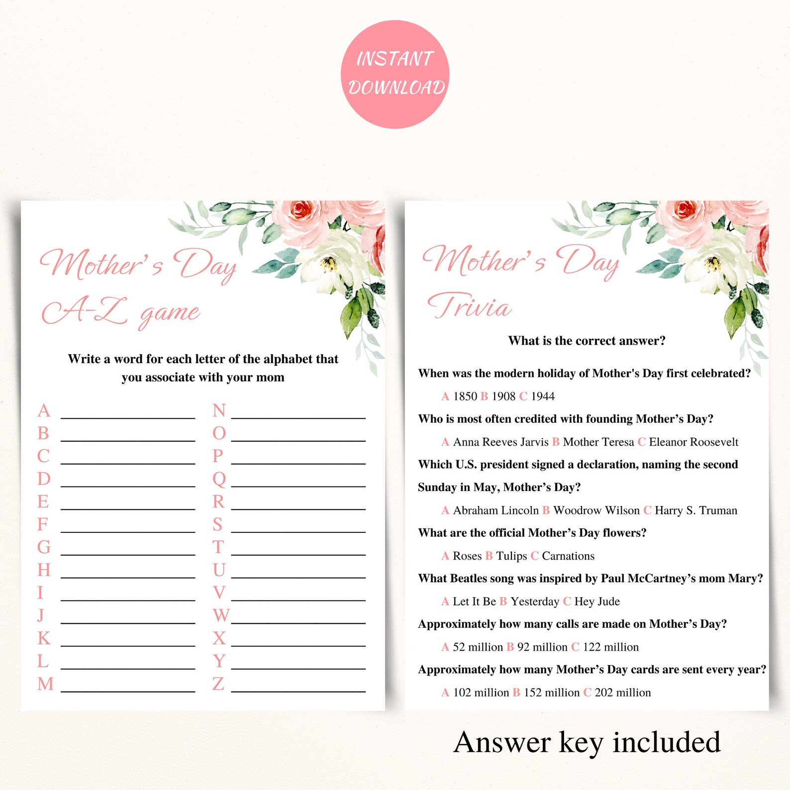 8 Printable Mothers Day Games, Floral Mothers Day Game Bundle for ...