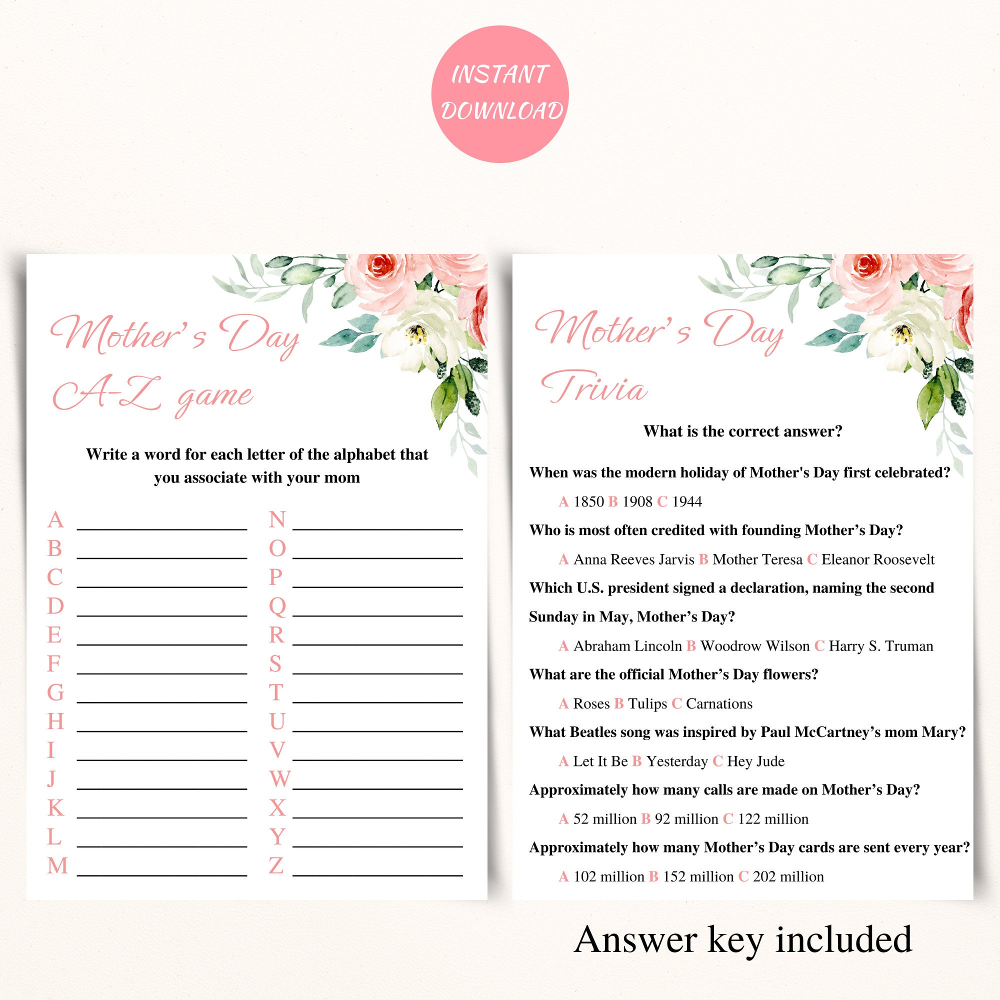 8 Printable Mothers Day Games, Floral Mothers Day Game Bundle for ...