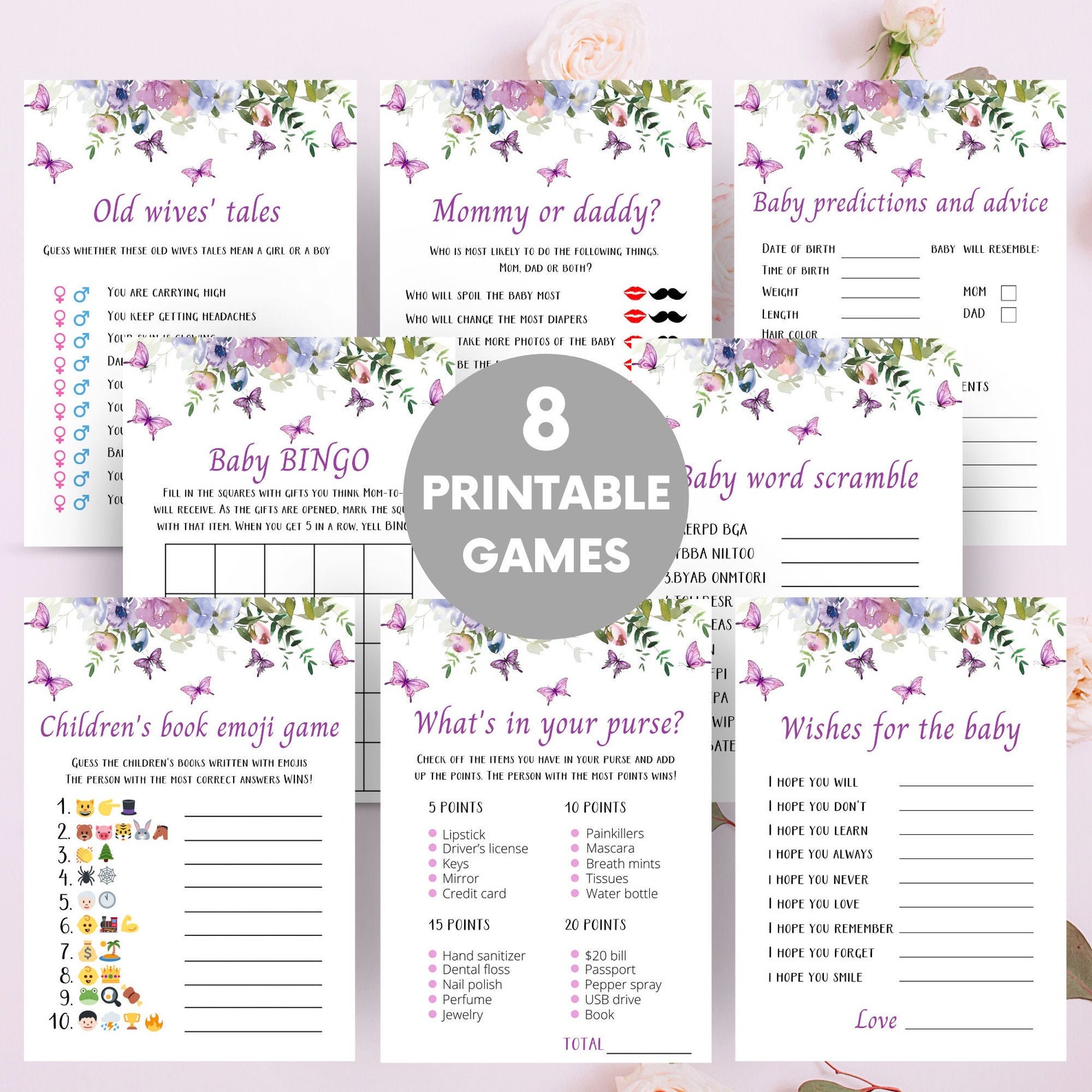 Printable Purple Butterfly Baby Shower Games 5x7'' | Etsy