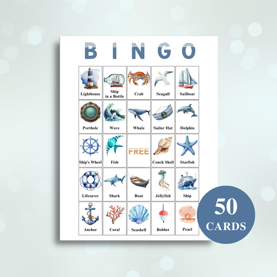 50 Printable Nautical Picture Bingo Cards, Nautical Birthday Party ...