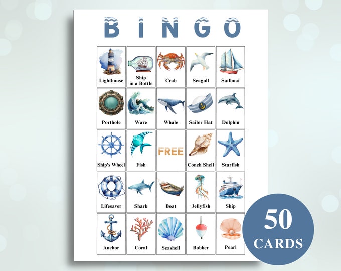 50 Printable Nautical Picture Bingo Cards, Nautical Birthday Party ...
