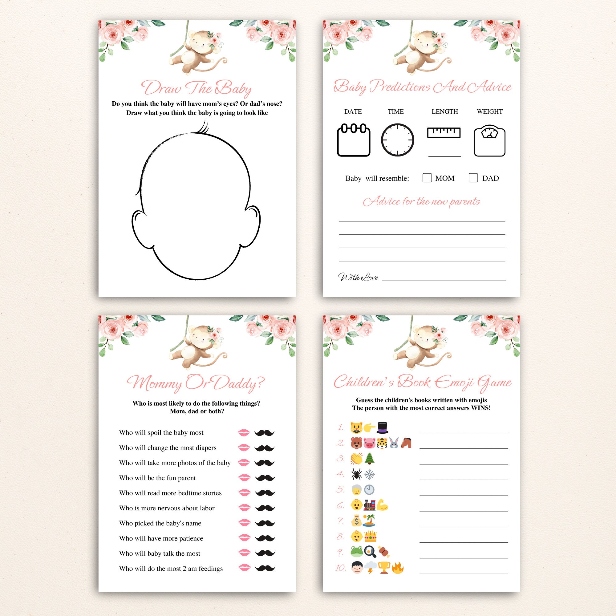 16 Printable Pink Monkey Baby Shower Games | Floral Safari Baby Shower ...