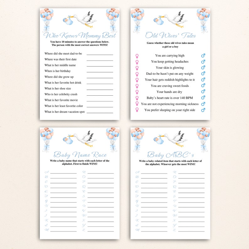 16 Printable Stork Baby Shower Games Blue Stork Theme Baby Shower Game ...