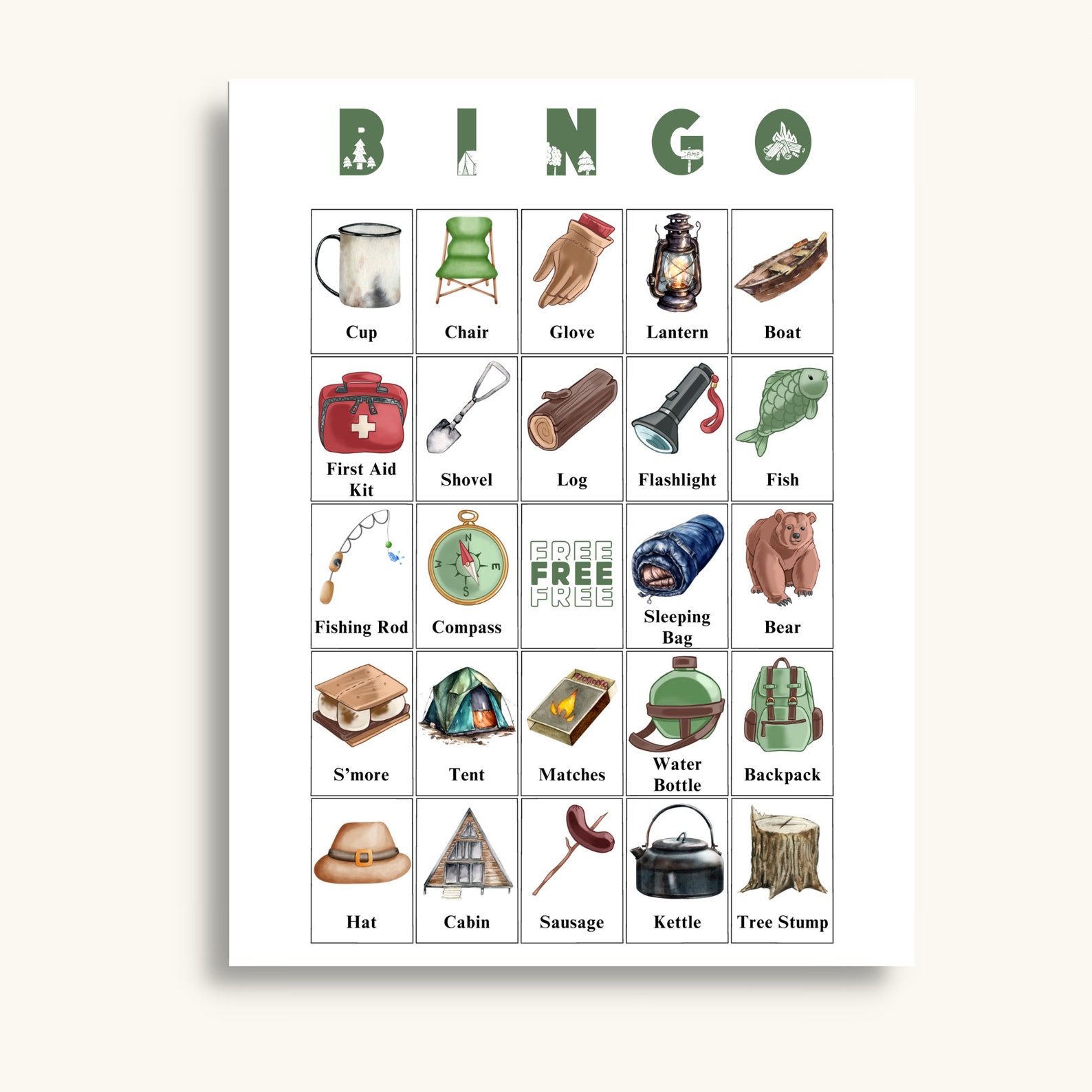 50 Printable Camping Bingo Cards | Camping Themed Picture Bingo Cards ...