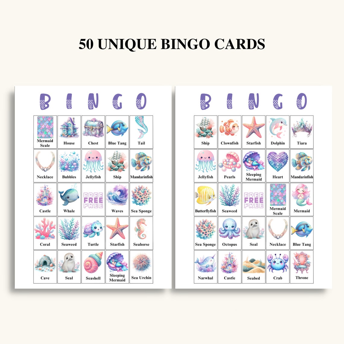 50 Printable Mermaid Bingo Cards, Mermaid Picture Bingo, Mermaid ...