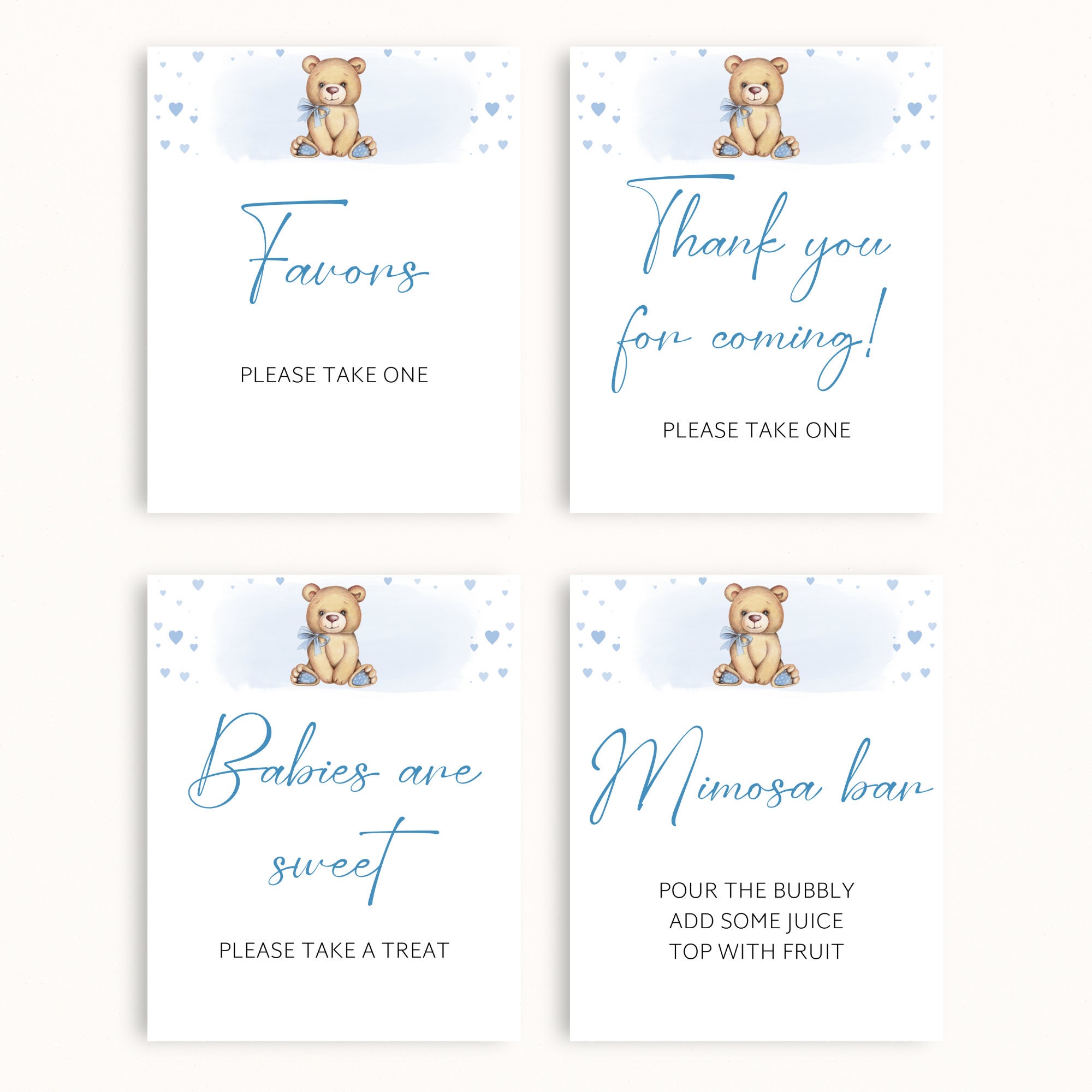 16 Printable Teddy Bear Baby Shower Table Signs, Blue Baby Shower ...