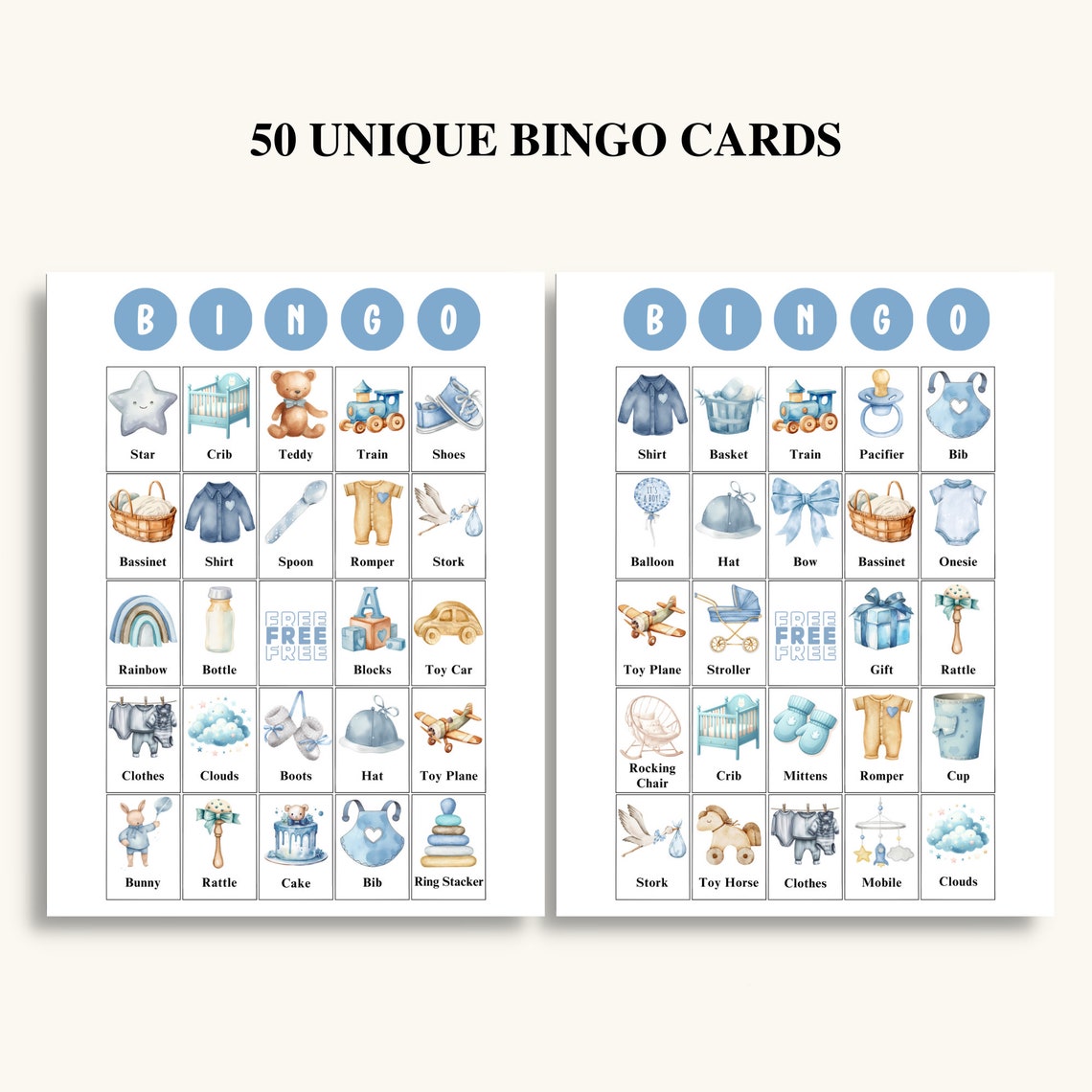 50 Printable Boy Baby Shower Bingo Cards Baby Shower Picture Bingo Blue ...