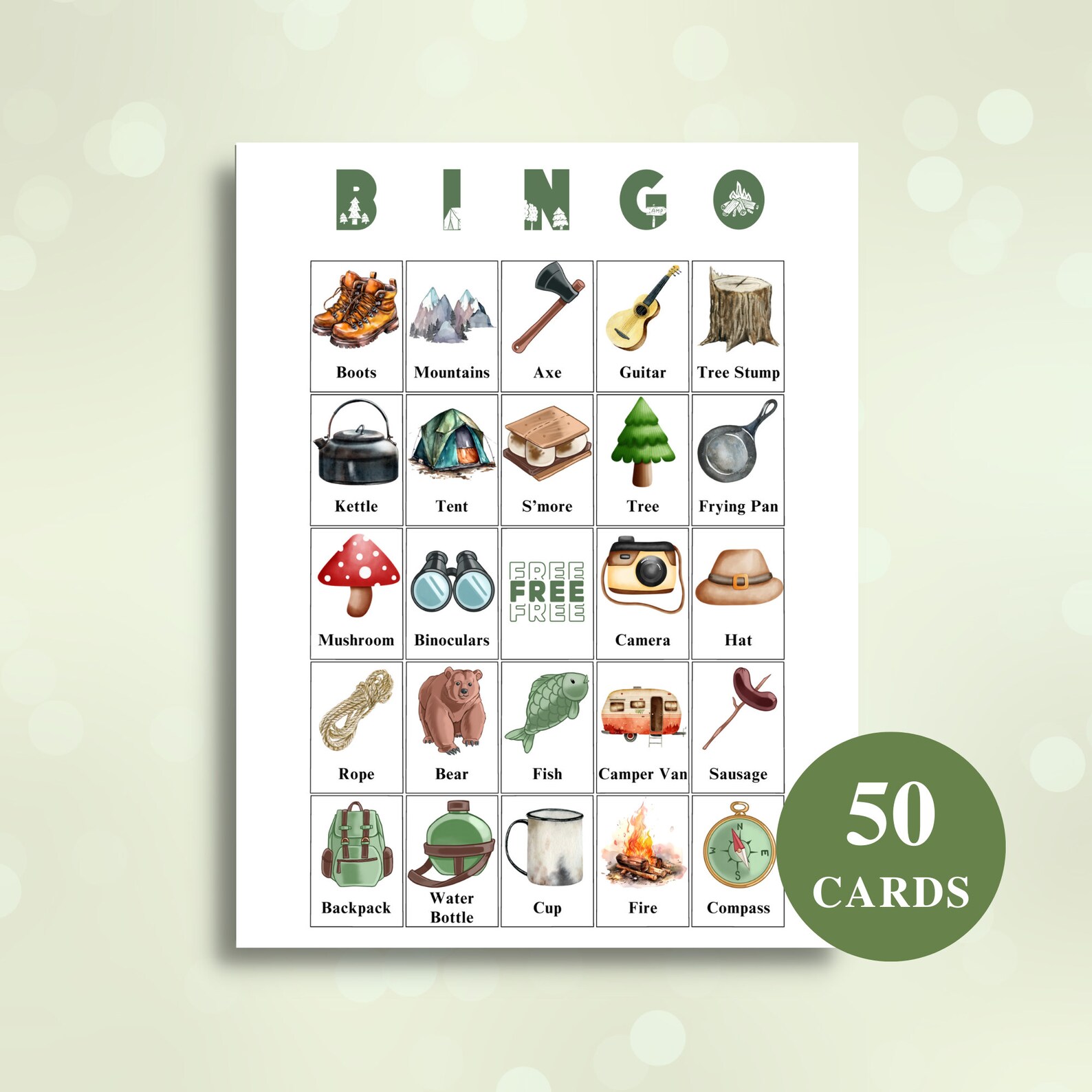 50 Printable Camping Bingo Cards | Camping Themed Picture Bingo Cards ...