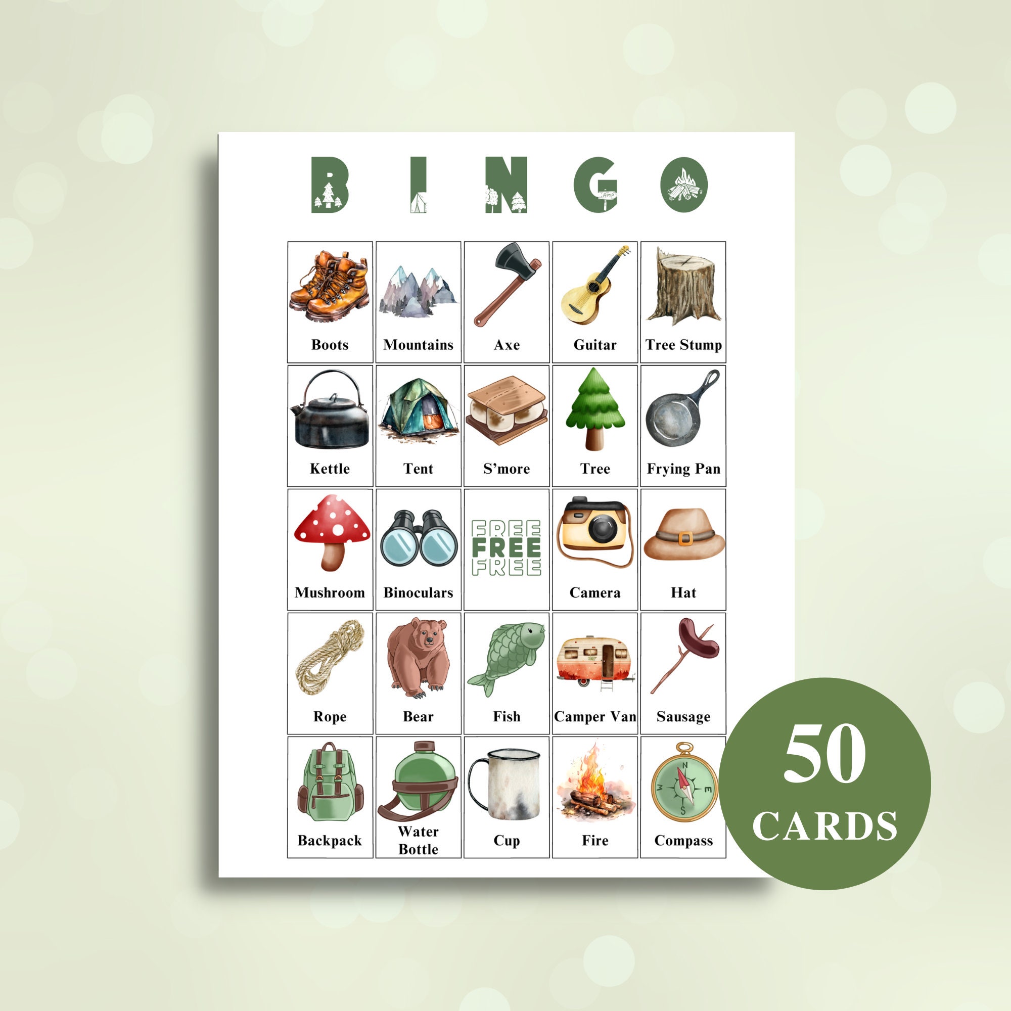 50 Printable Camping Bingo Cards Camping Themed Picture Bingo Cards ...