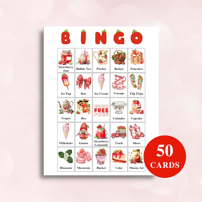 50 Printable Strawberry Picture Bingo Cards, Strawberry Bingo ...