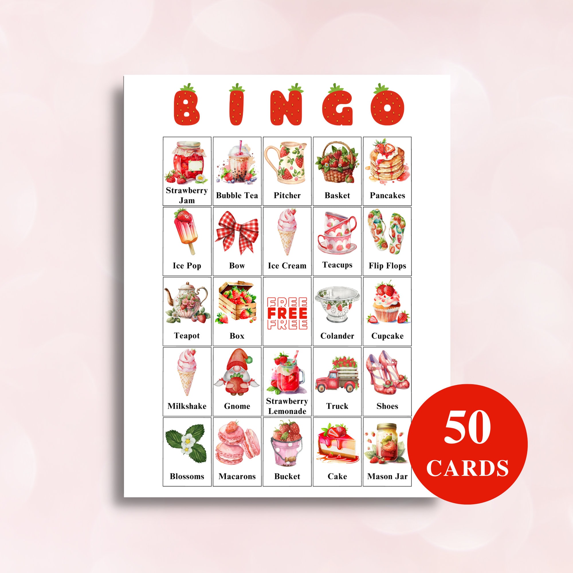 50 Printable Strawberry Picture Bingo Cards, Strawberry Bingo ...