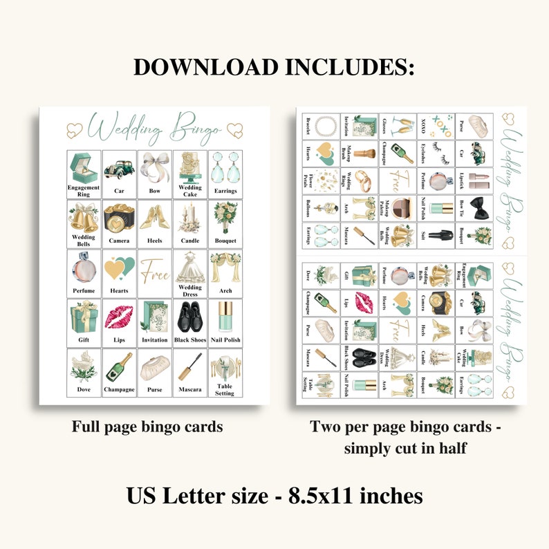 50 Printable Wedding Bingo Cards Green Wedding Picture Bingo - Etsy