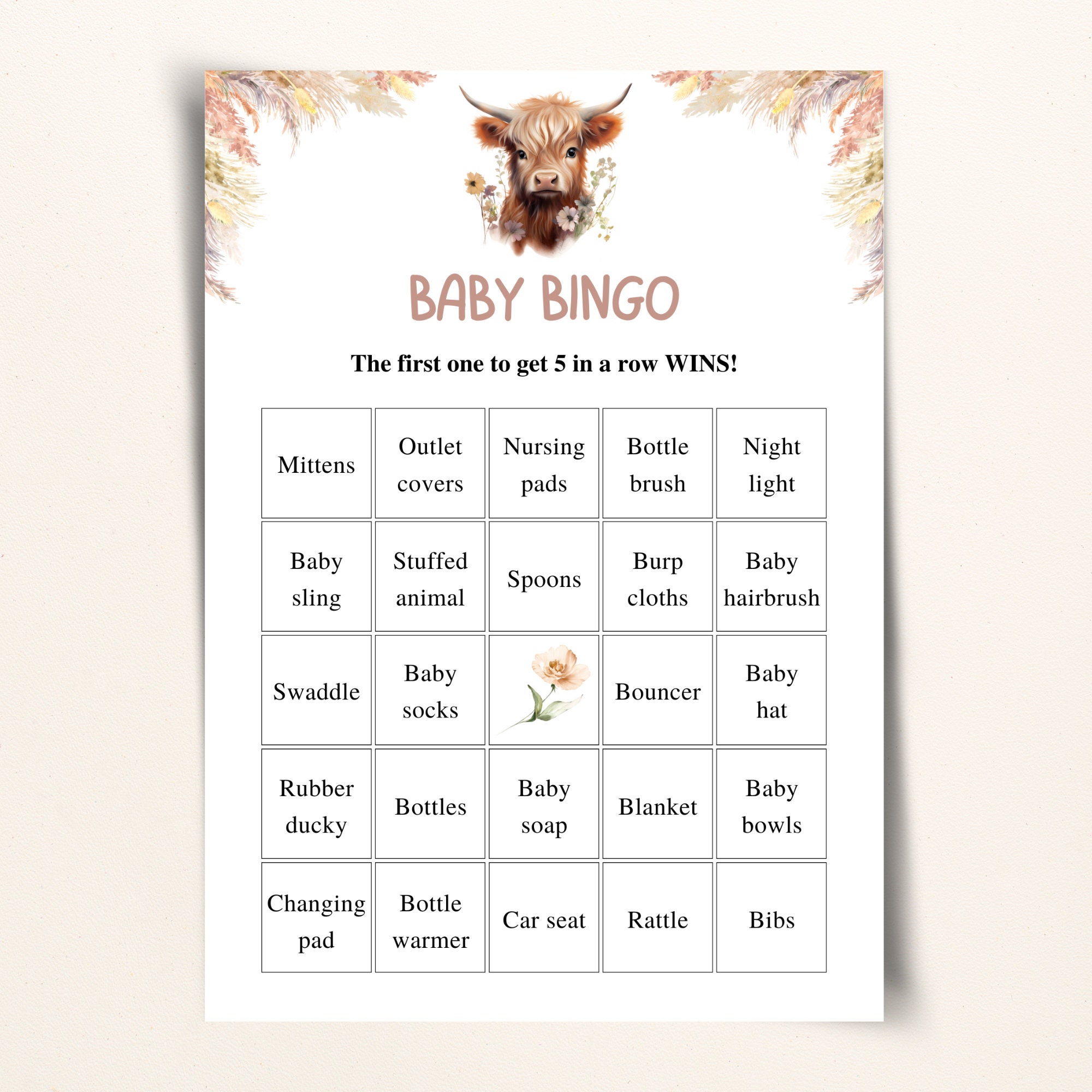 30 Printable Highland Cow Baby Shower Bingo Cards | 5x7'' Pampas Grass ...