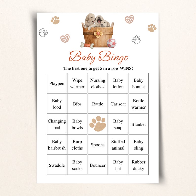 30 Printable Puppy Baby Shower Bingo Cards 5x7'' Prefilled Baby Bingo ...