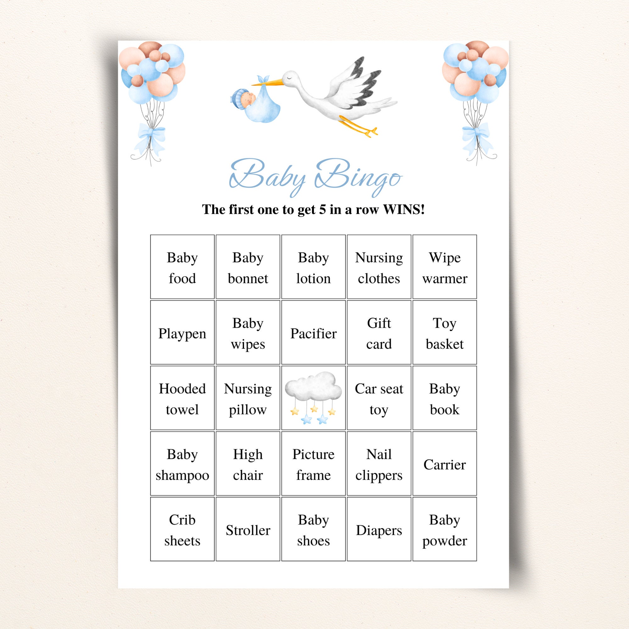 30 Printable Blue Stork Baby Shower Bingo Cards 5x7'' Prefilled Stork ...