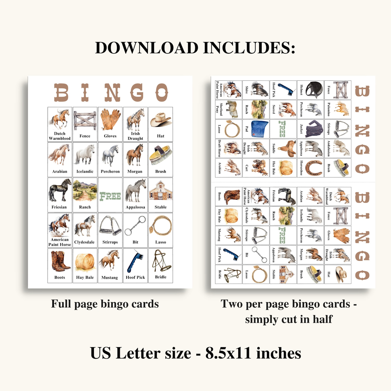 50 Printable Horse Picture Bingo Cards, Horse Themed Birthday Party ...