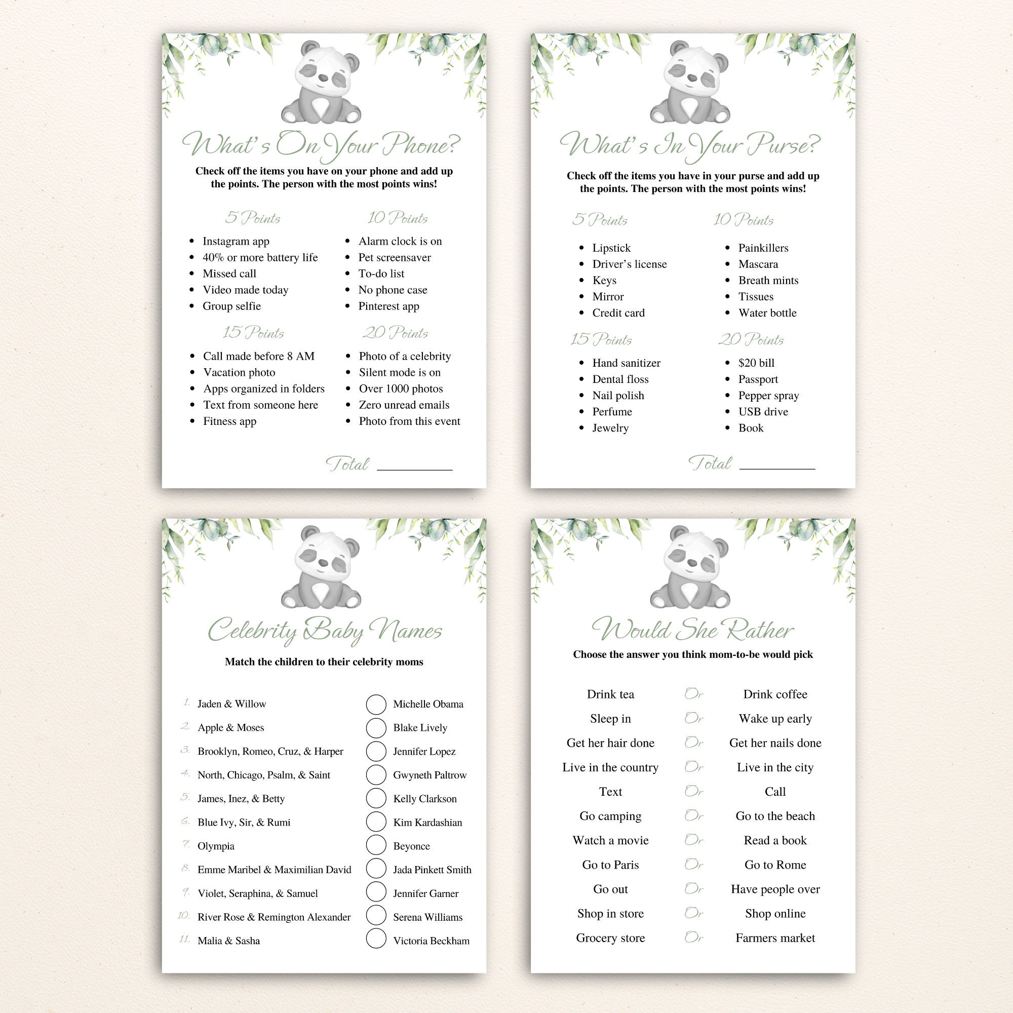 16 Printable Panda Baby Shower Games Jungle Baby Shower Game Bundle ...