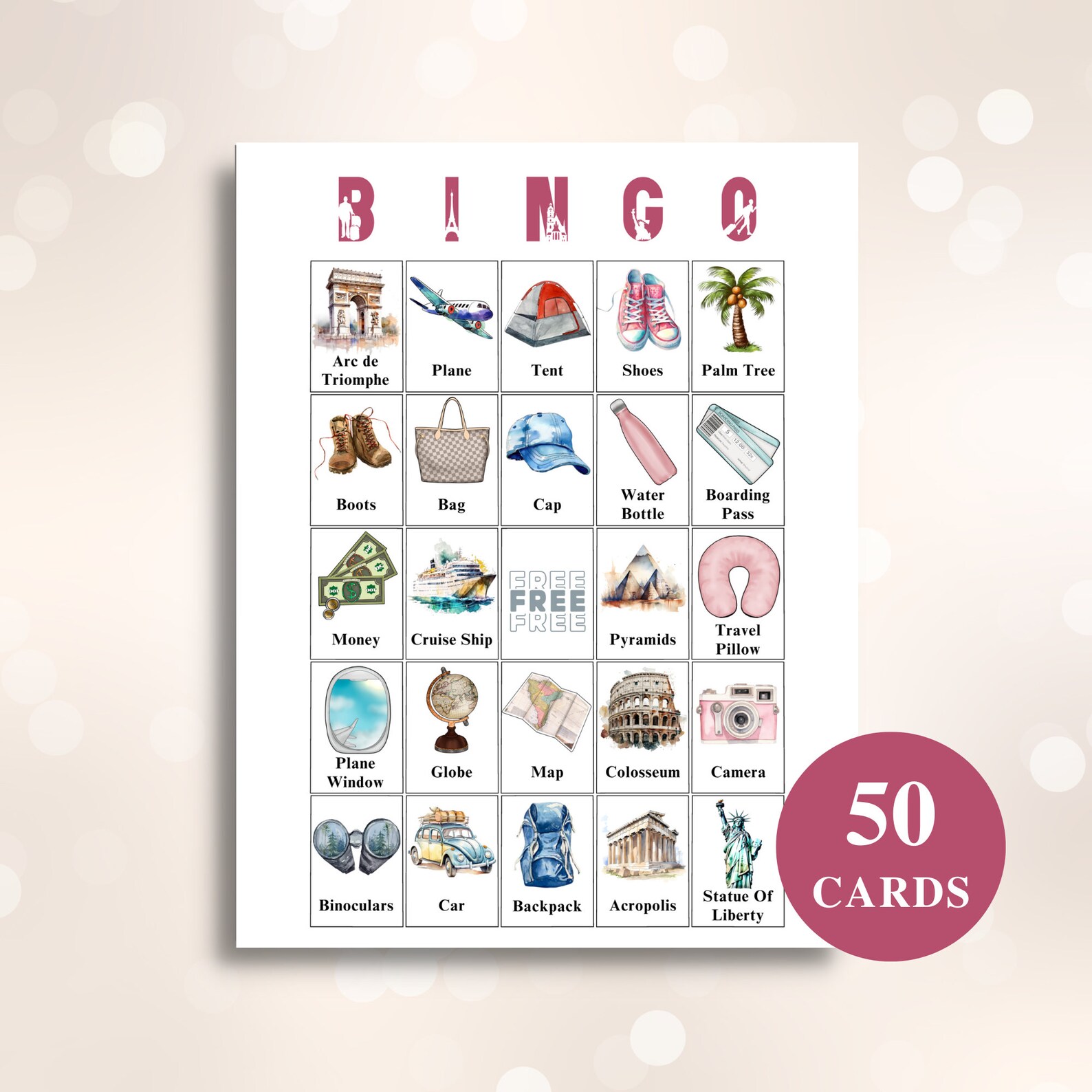 50 Printable Travel Bingo Cards | Picture Bingo Cards for A Travel ...