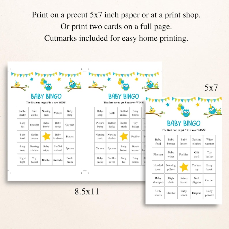 100 Printable Blue Owl Baby Shower Bingo Cards, Prefilled Baby Shower ...
