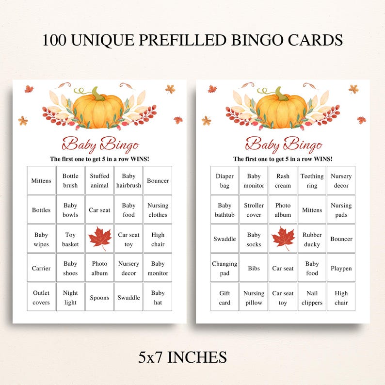 100 Printable Pumpkin Baby Shower Bingo Cards, Prefilled Baby Shower ...