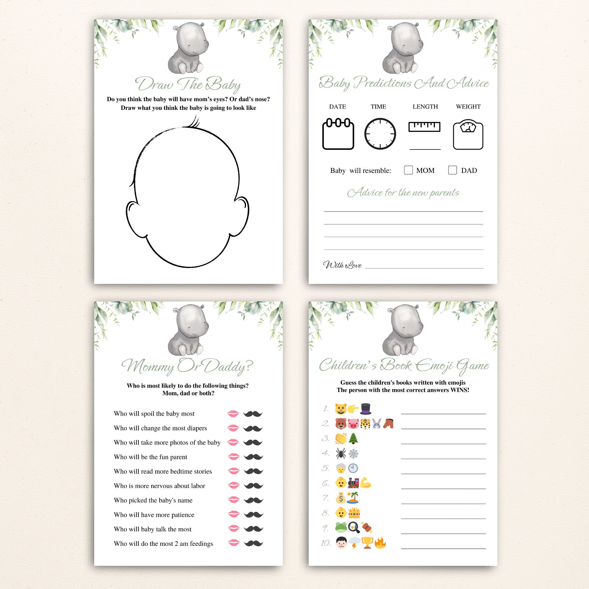 16 Printable Hippo Baby Shower Games Jungle Baby Shower Game Bundle ...