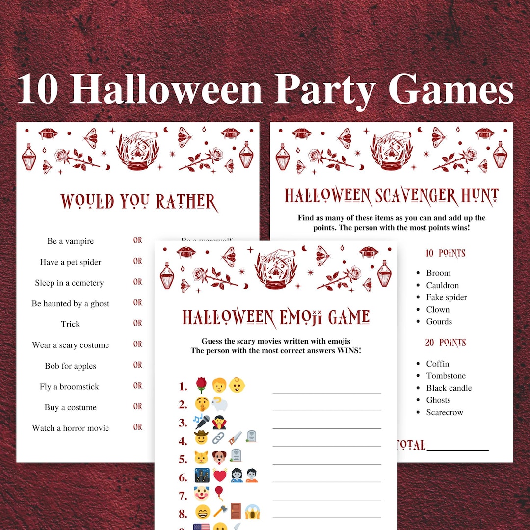 10 Printable Halloween Party Games: Red Theme Gothic Game Bundle ...