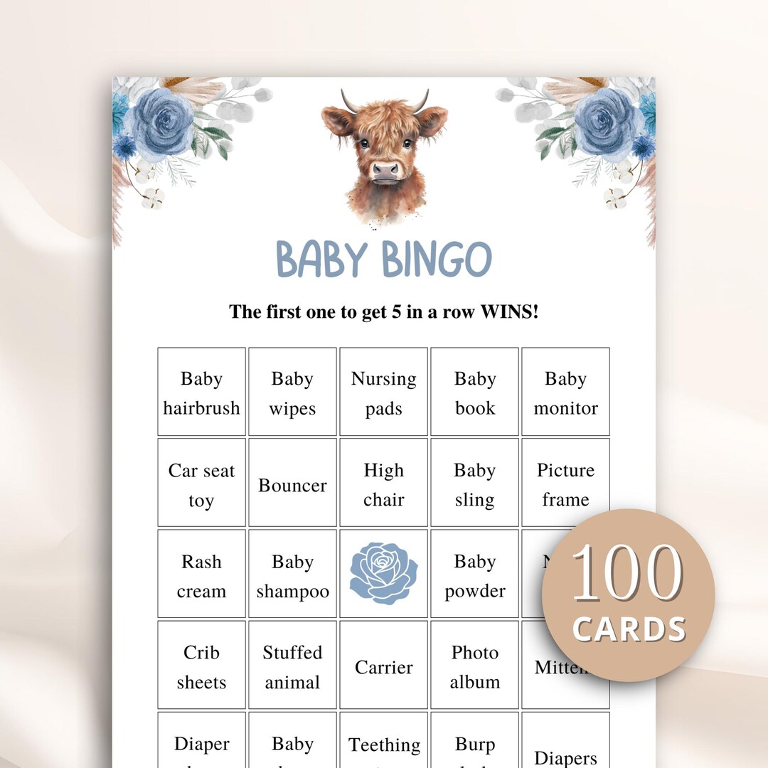 100 Printable Highland Cow Baby Shower Bingo Cards, Prefilled Baby ...