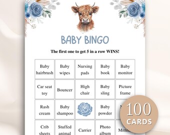 100 Printable Highland Cow Baby Shower Bingo Cards, Prefilled Baby ...