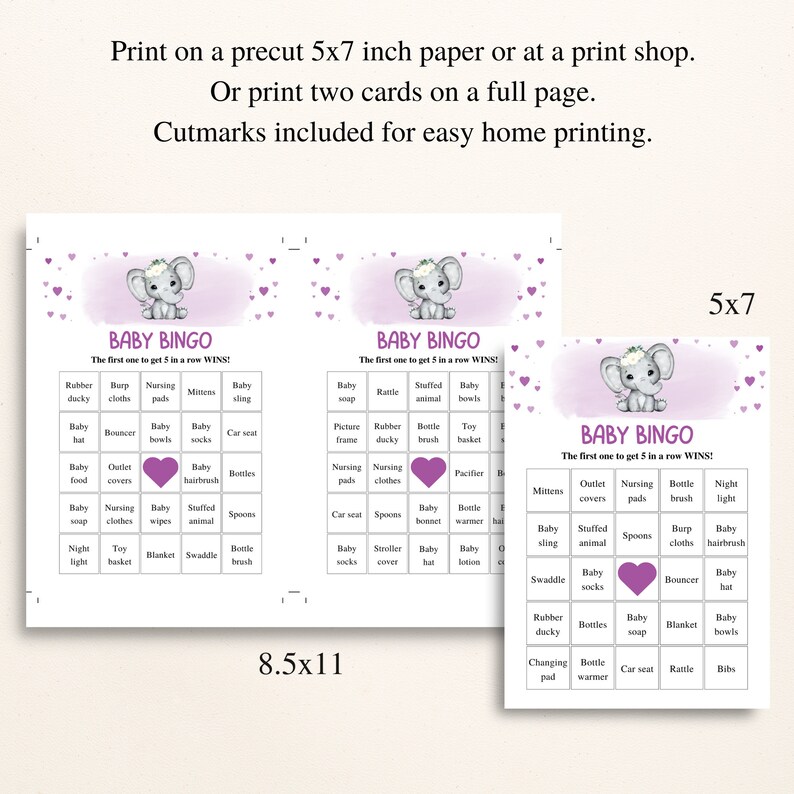 30 Printable Purple Elephant Baby Shower Bingo Cards 5x7'' Prefilled ...
